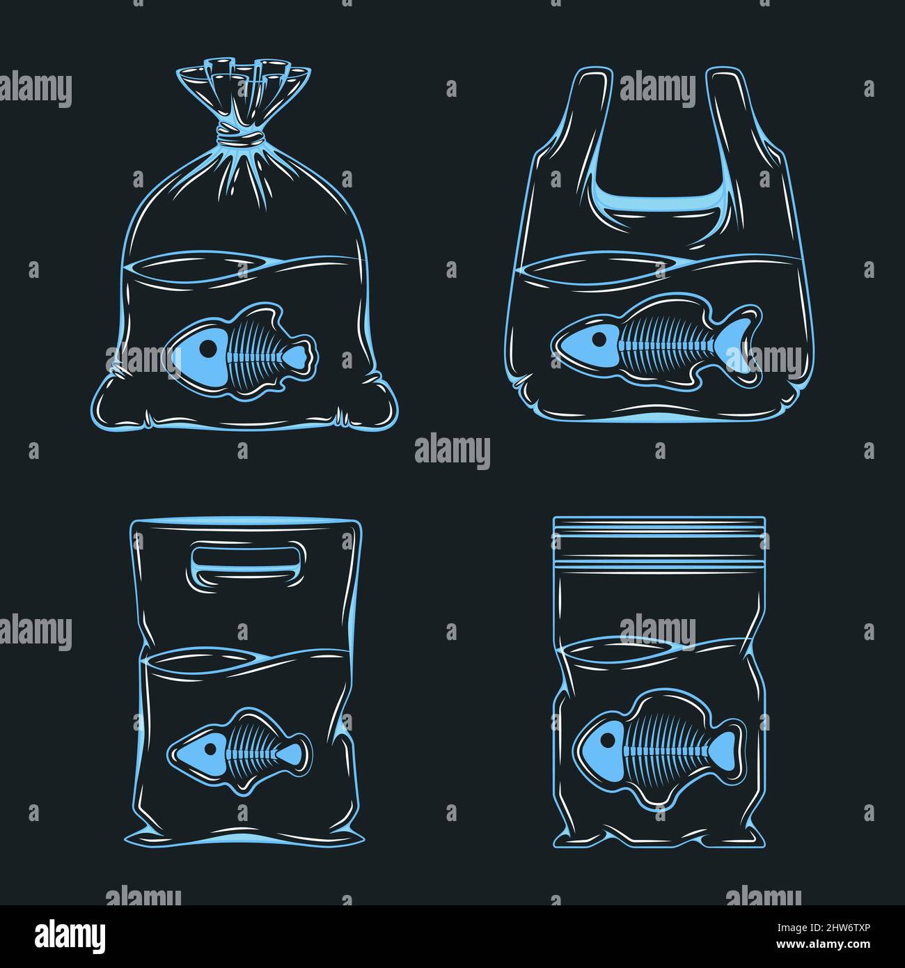 Set of blue illustrations with shadow from plastic bags, packaging with ...
