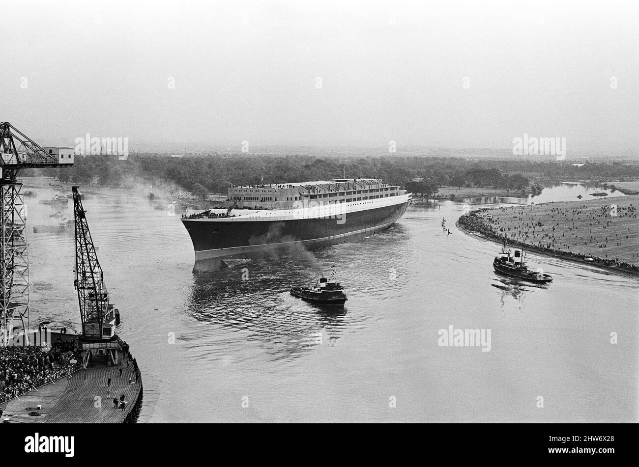 Queen Elizabeth II launching the Cunard Cruise Liner, The QE2 in the ...