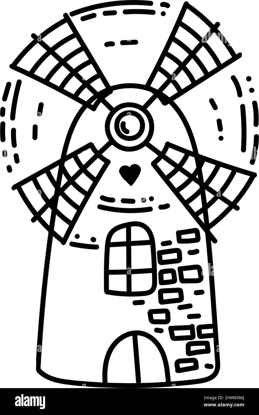 Mill, a hand-drawn doodle-style element. A structure for grinding grain ...