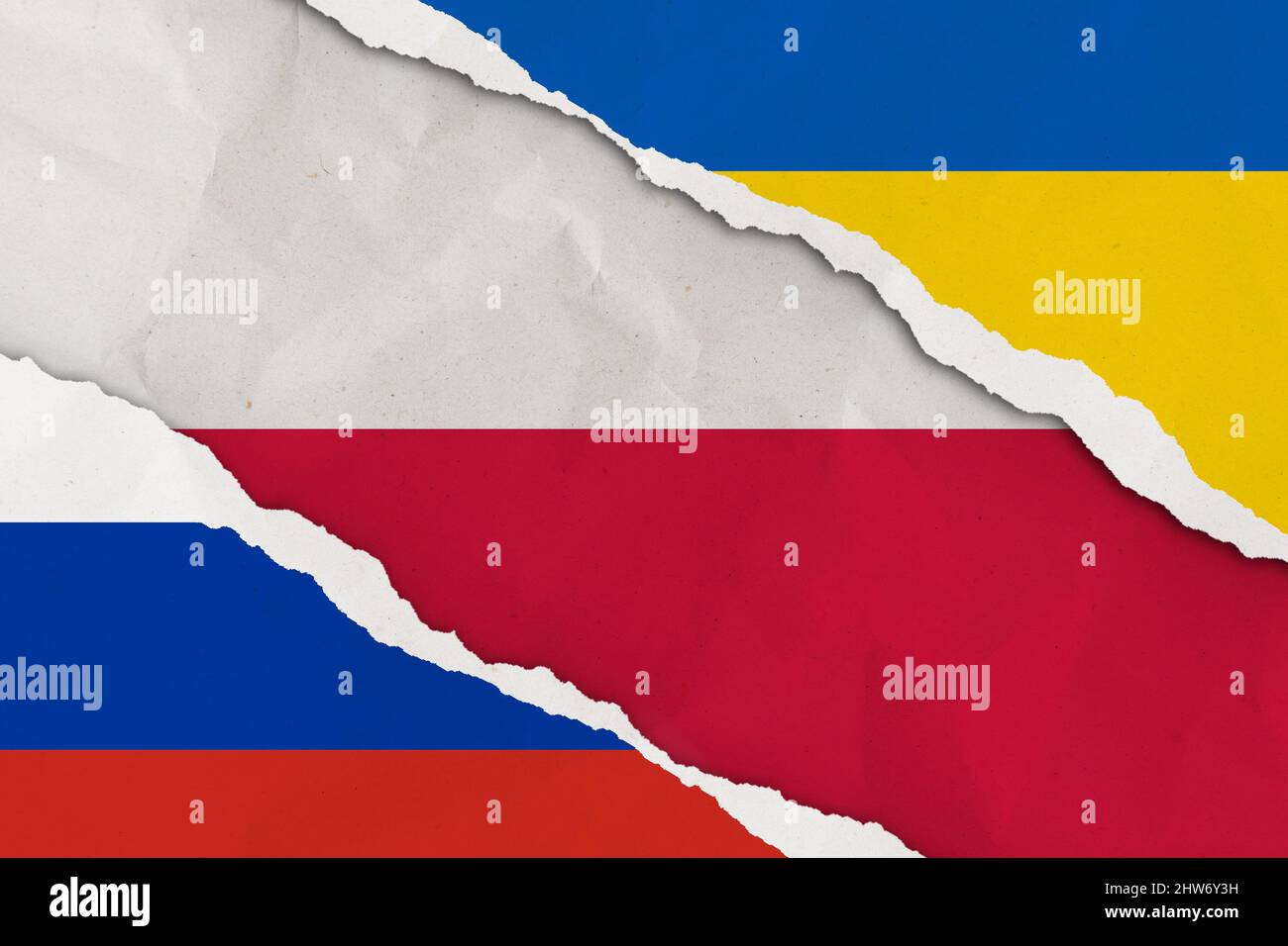 Ukraine, Russia, Poland flag ripped paper grunge background. Abstract ...