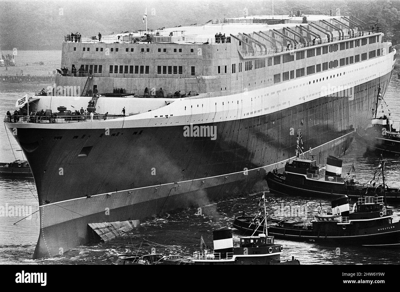 Queen Elizabeth II launching the Cunard Cruise Liner, The QE2 in the ...