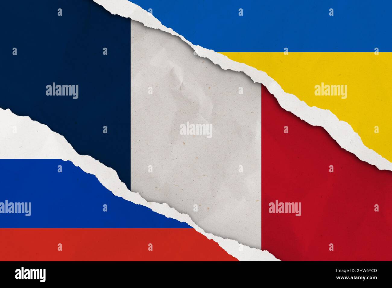 Ukraine, Russia, France flag ripped paper grunge background. Abstract ...