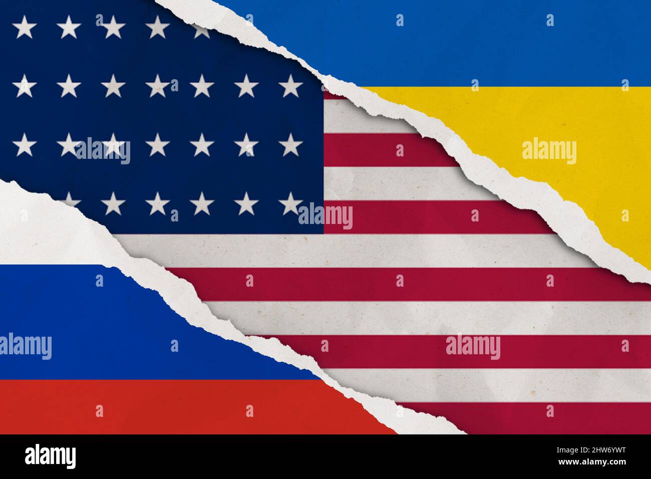 Ukraine, Russia, USA flag ripped paper grunge background. Abstract ...
