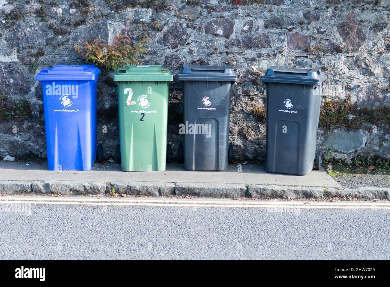 Callander, Scotland - Sep 29th 2021 - Four wheel bins side by side ...
