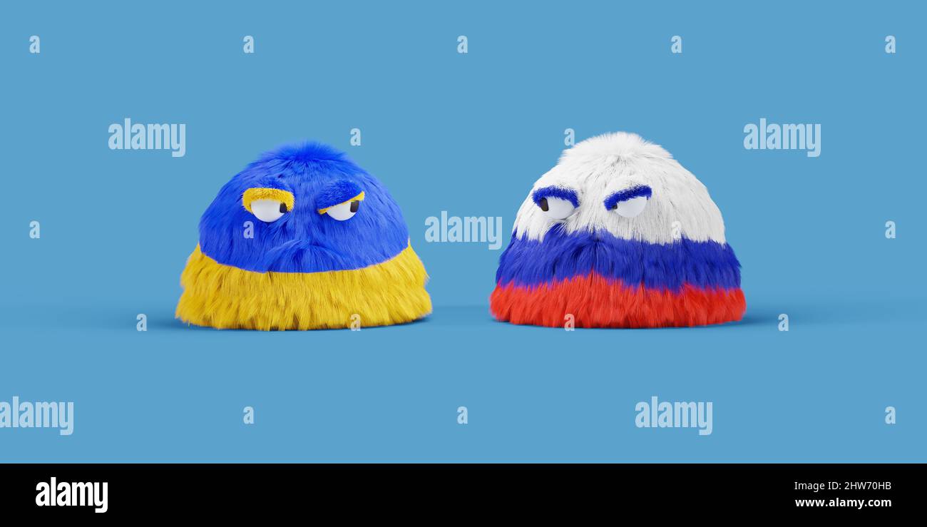 Mad looking Russian and Ukrainian fur ball mascot looking at each other ...