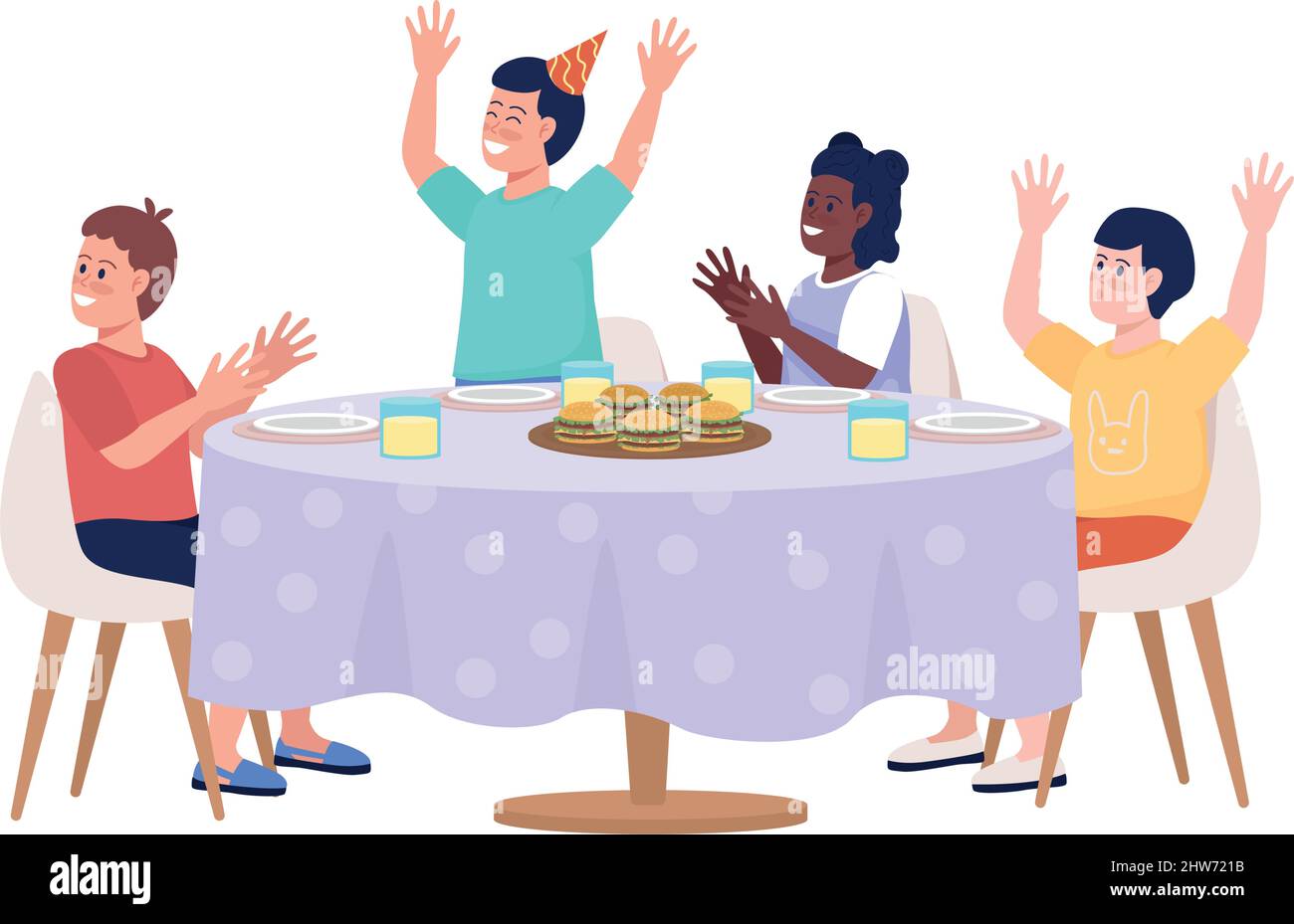 Happy kids at dining table semi flat color vector characters Stock ...