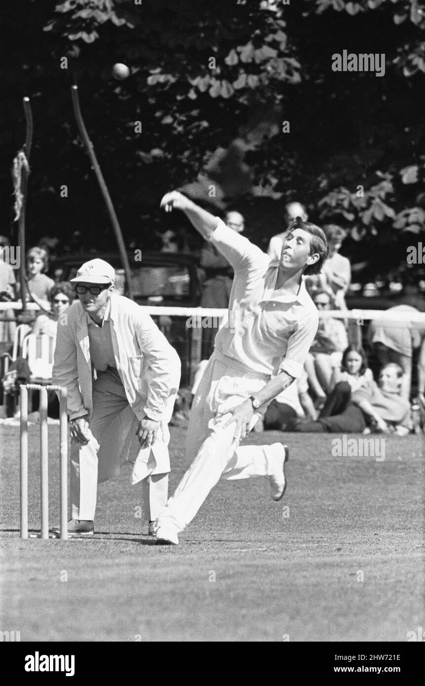 Prince Charles bowling during a charity cricket match at Brands Hatch ...