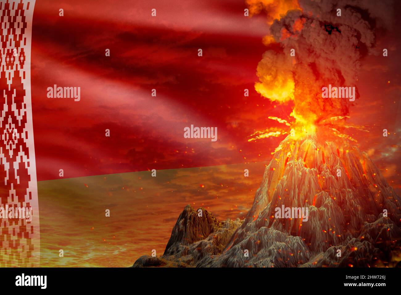 stratovolcano blast eruption at night with explosion on Belarus flag ...