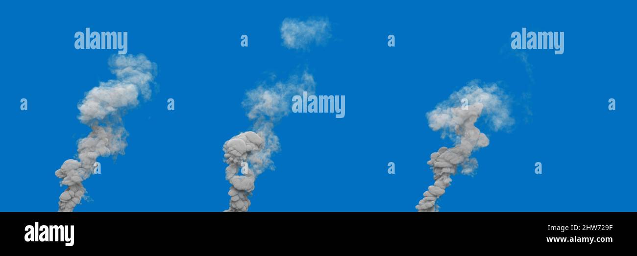 3 grey pollute smoke columns from factory on blue, isolated ...
