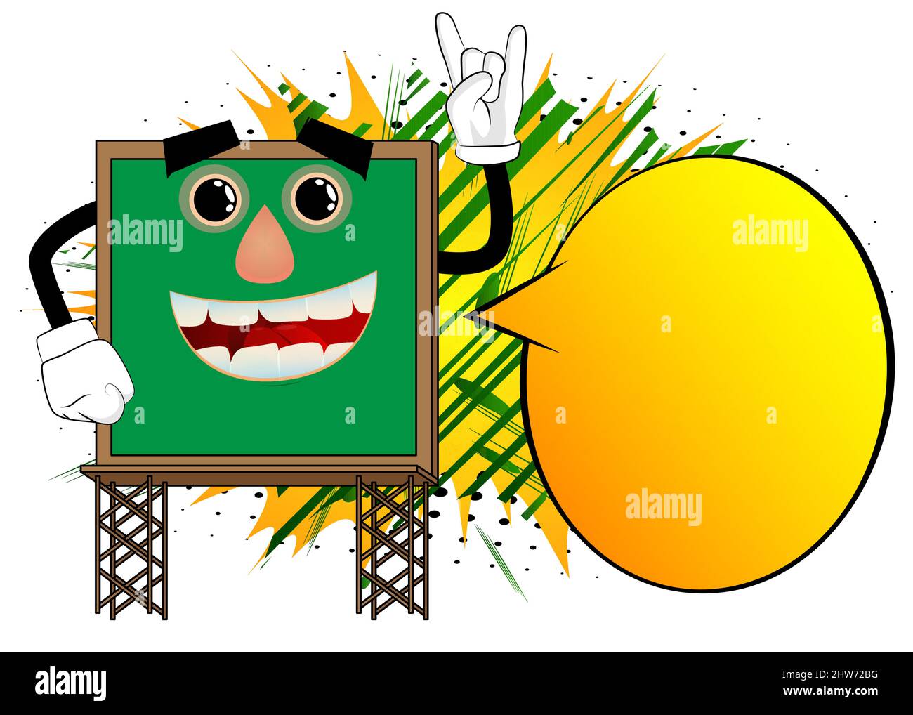 Billboard with hands in rocker pose. Cute cartoon advertisement sign ...