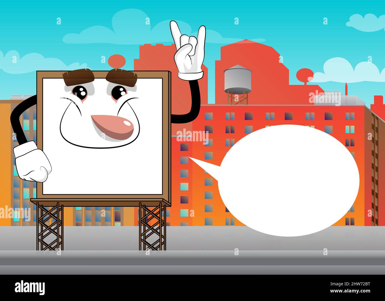 Billboard with hands in rocker pose. Cute cartoon advertisement sign ...