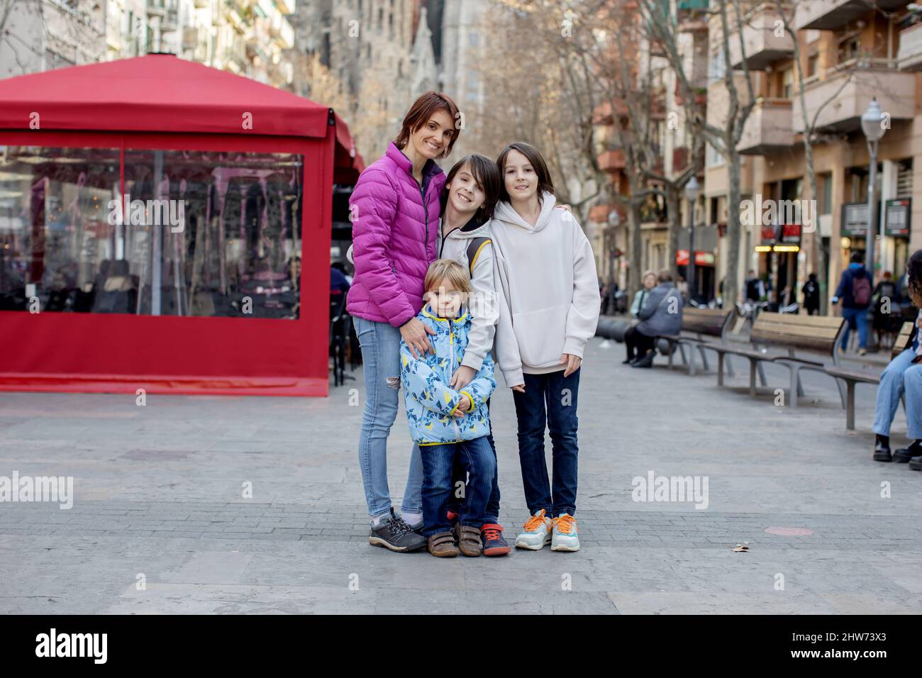 Cute little children tourists admiring Barcelona city, family travel ...