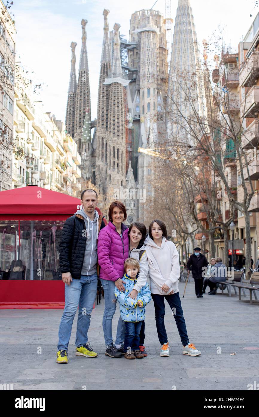 Cute little children tourists admiring Barcelona city, family travel ...