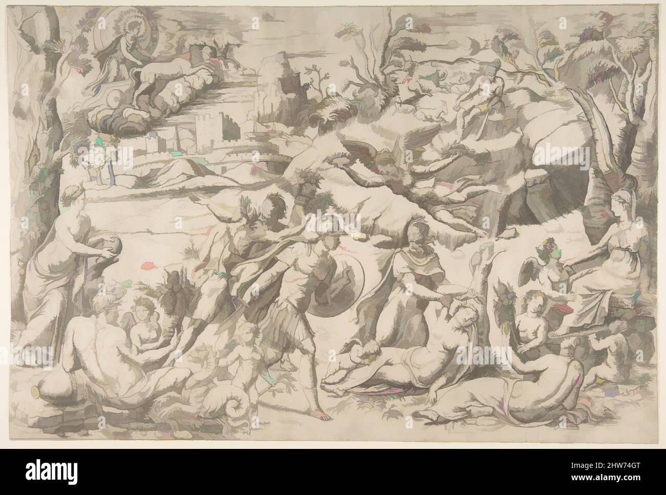 Art inspired by Mars and Rhea Silvia: in the centre Mars holds a shield ...