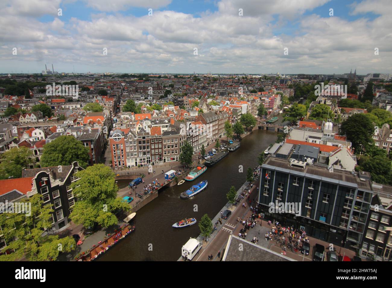Aerial view of the iconic buildings and canals of Amsterdam ...