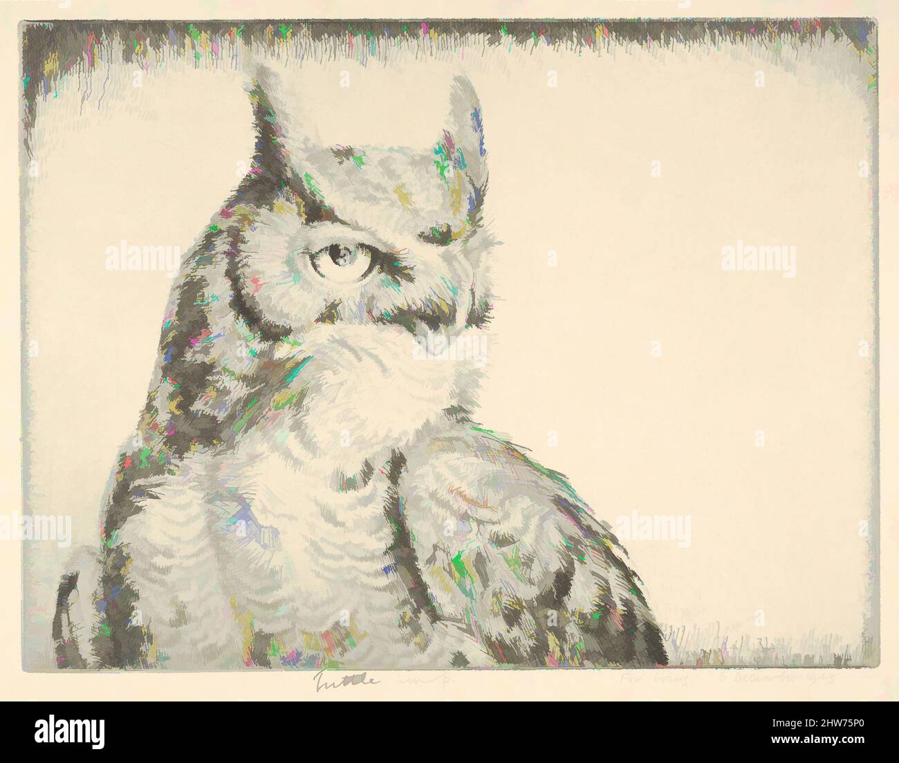 Art inspired by Horned Owl (Portrait Great Horned Owl), 1940, Drypoint ...