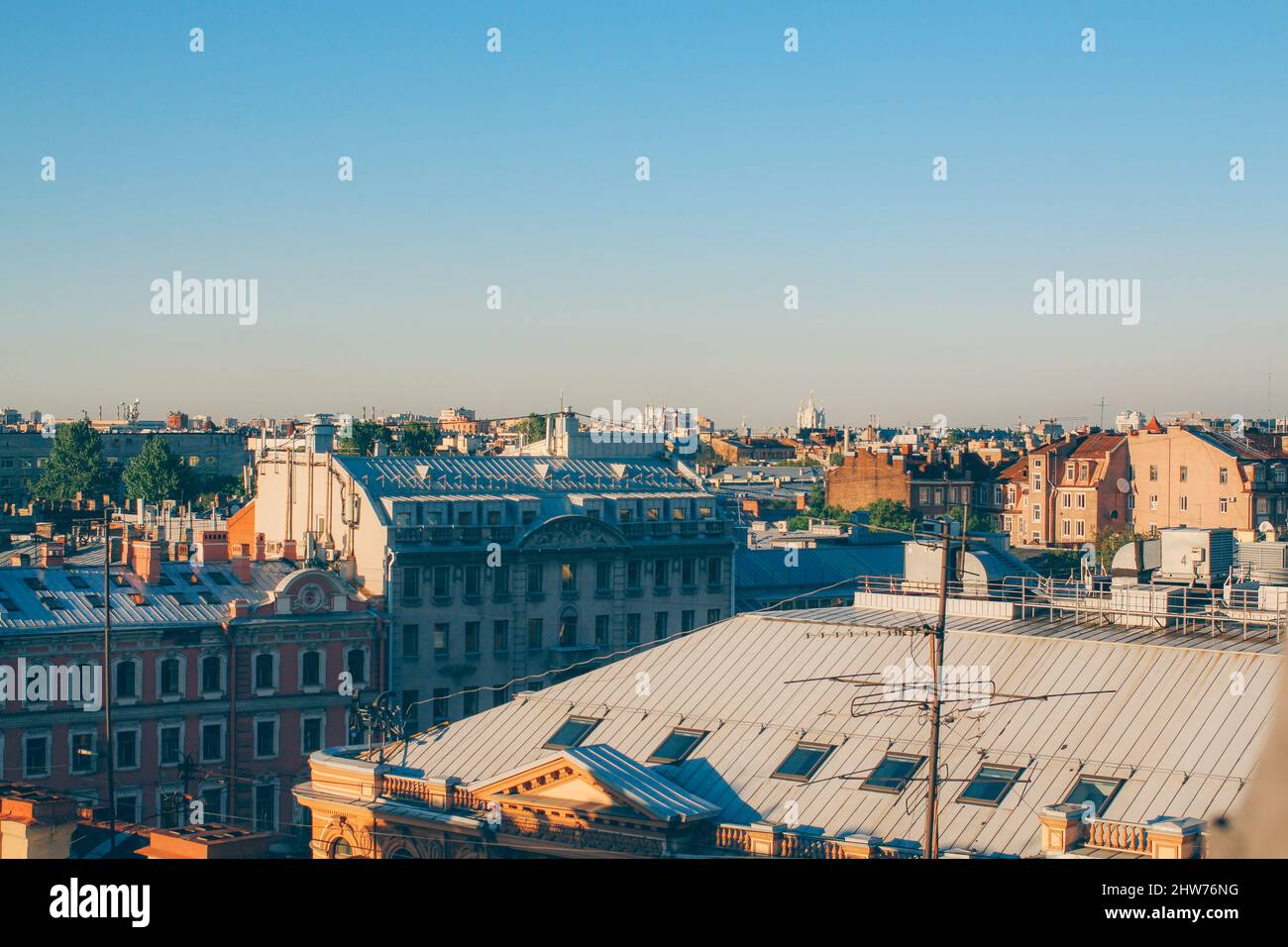Rooftop view of the historical buildings at sunset in St. Petersburg ...