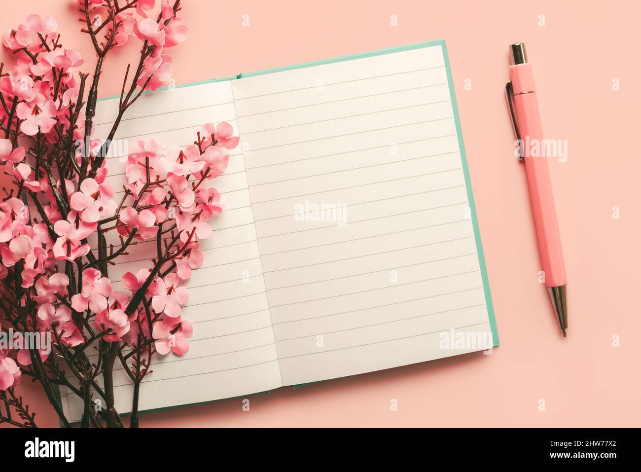 Top view of blank journal open with copy space, pink pen and almond ...