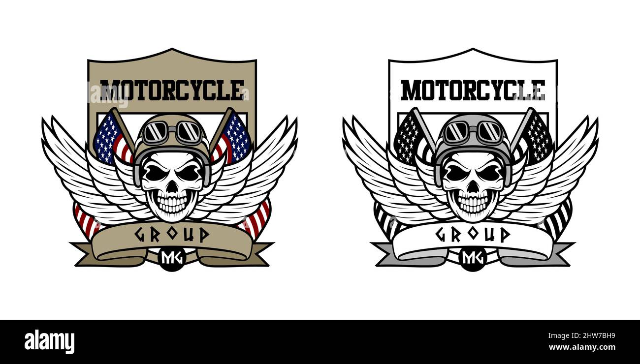 Motorcycle group logo with human skull head design illustration vector ...