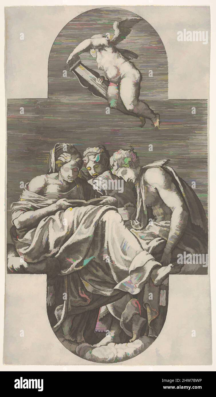 Art inspired by Three Muses seated below a flying putto who grasps a ...