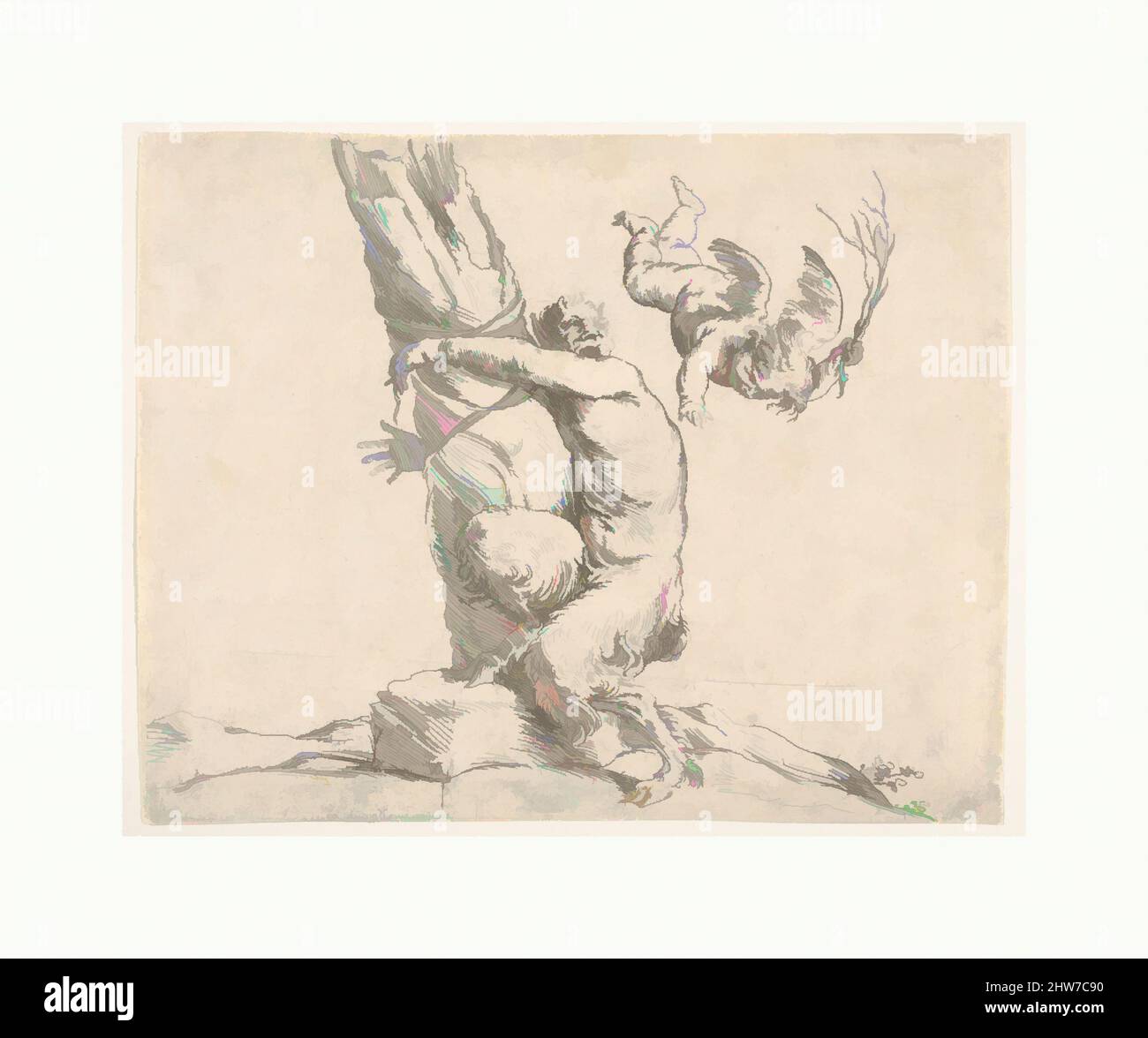 Art inspired by A winged putto flogging a satyr tied to a tree, ca ...