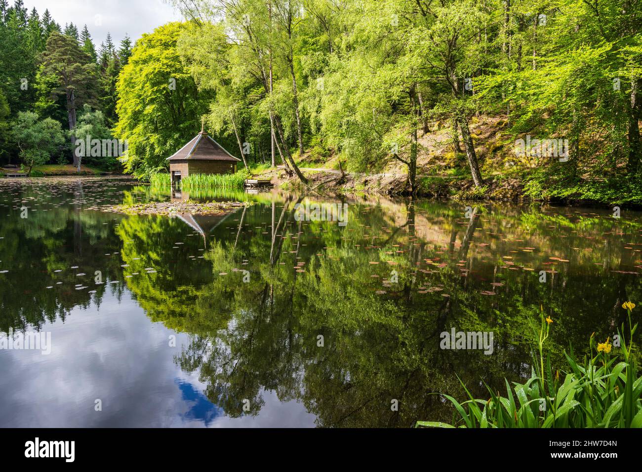 Loch Dunmore boathouse in Faskally Forest near Pitlochry in Perthshire ...
