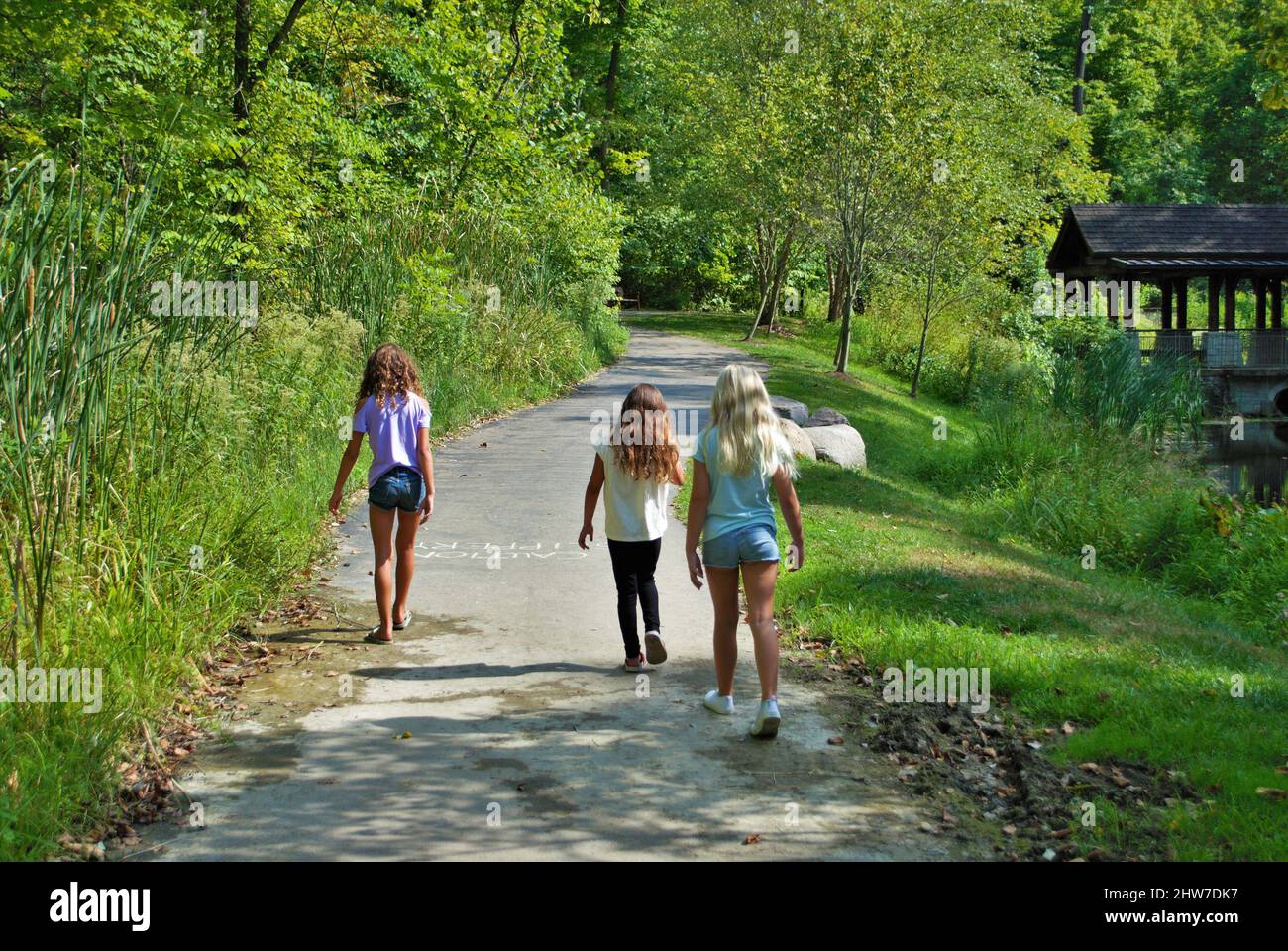 Three little girls taking a hike through the woods Stock Photo - Alamy