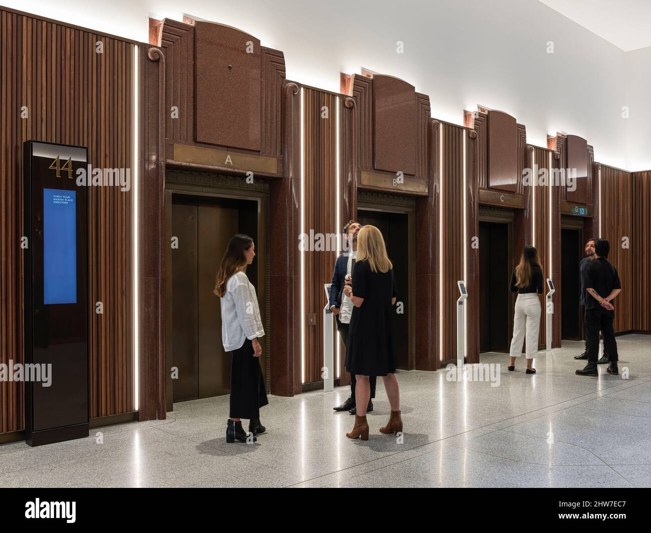 Lobby with refurbished heritage lifts. 44 Martin Place, Sydney ...
