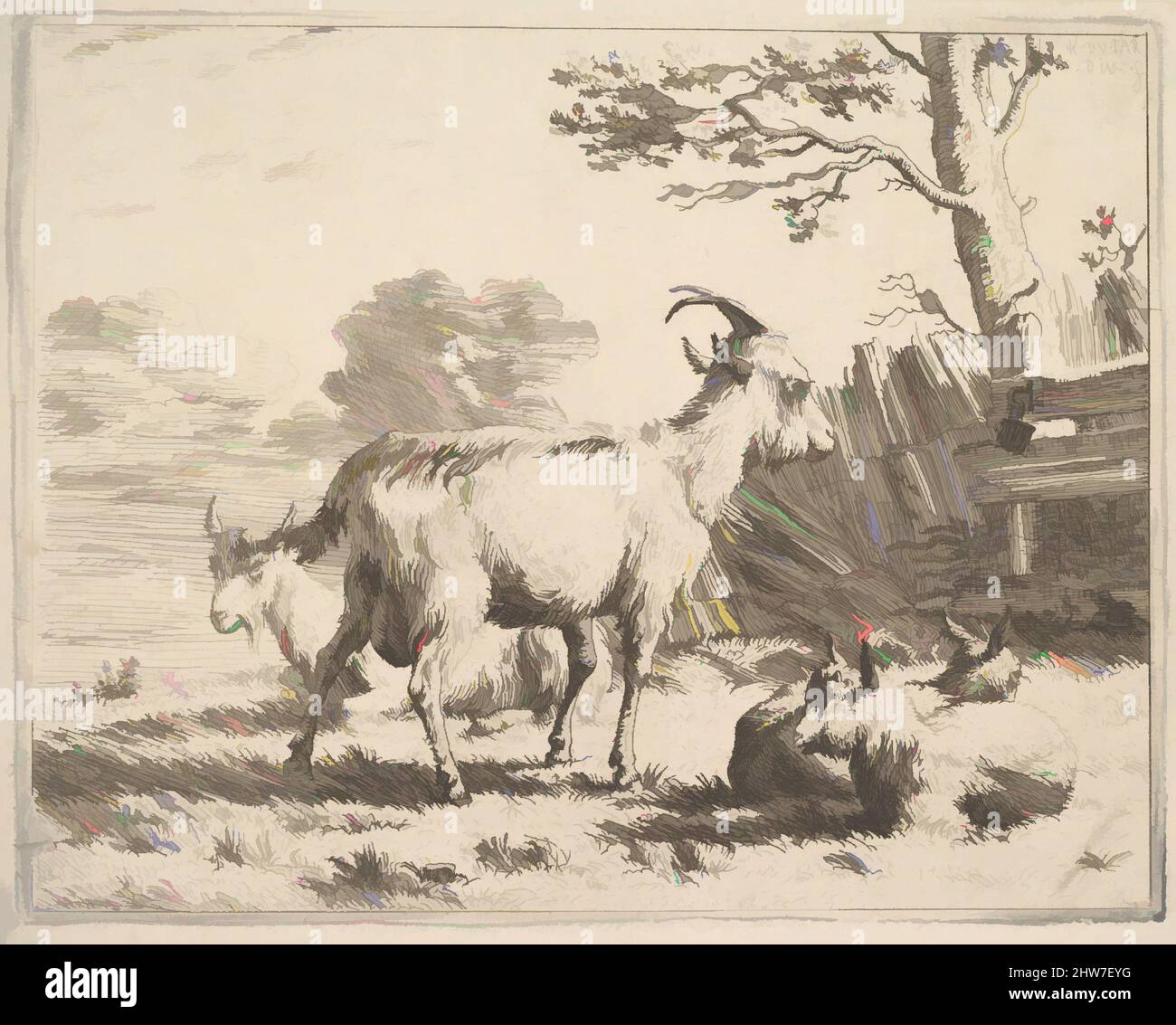 Art inspired by Four goats; at the back a nanny goat lies on the ground ...