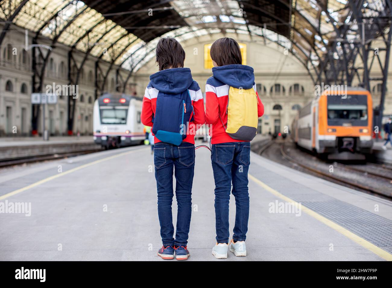 Cute little children tourists admiring Barcelona city, family travel ...