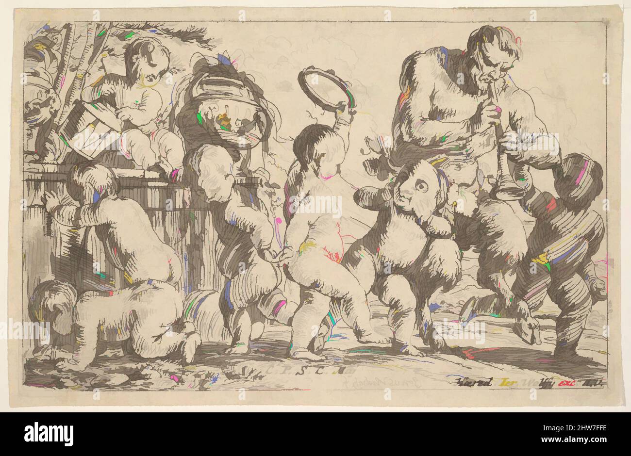 Art inspired by Satyr playing a pipe beside a putti holding a mask ...