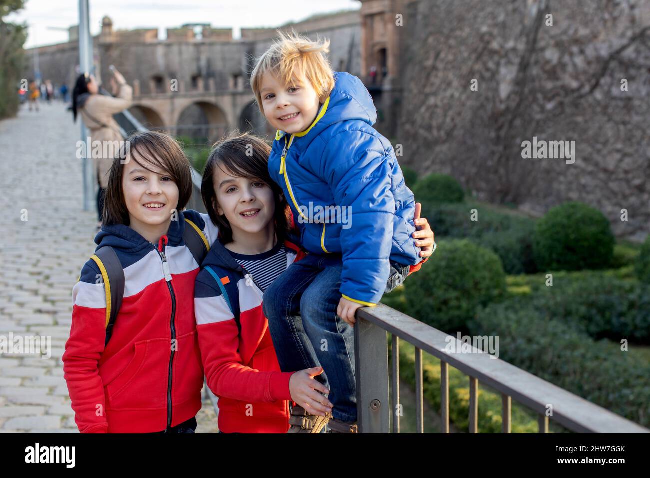 Cute little children tourists admiring Barcelona city, family travel ...