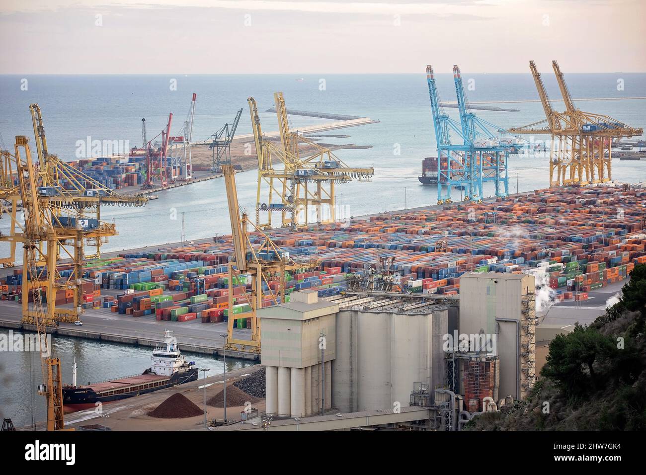 Port in Barcelona with lots of colorful containers, docks in Barcelona ...