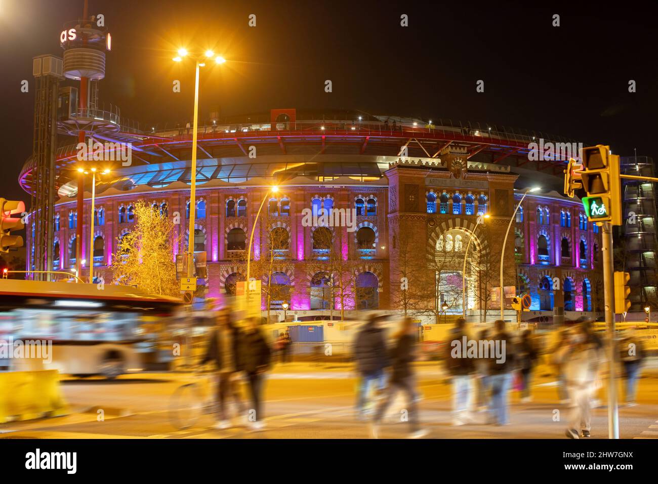 Bullring Arena in Barcelona city, colorfully illuminated building at ...