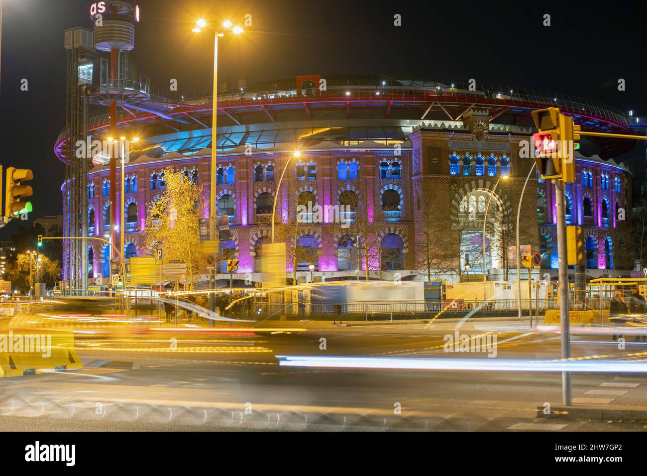 Bullring Arena in Barcelona city, colorfully illuminated building at ...