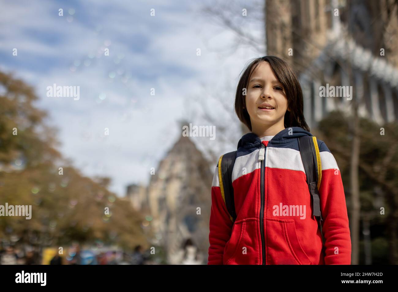 Cute little children tourists admiring Barcelona city, family travel ...