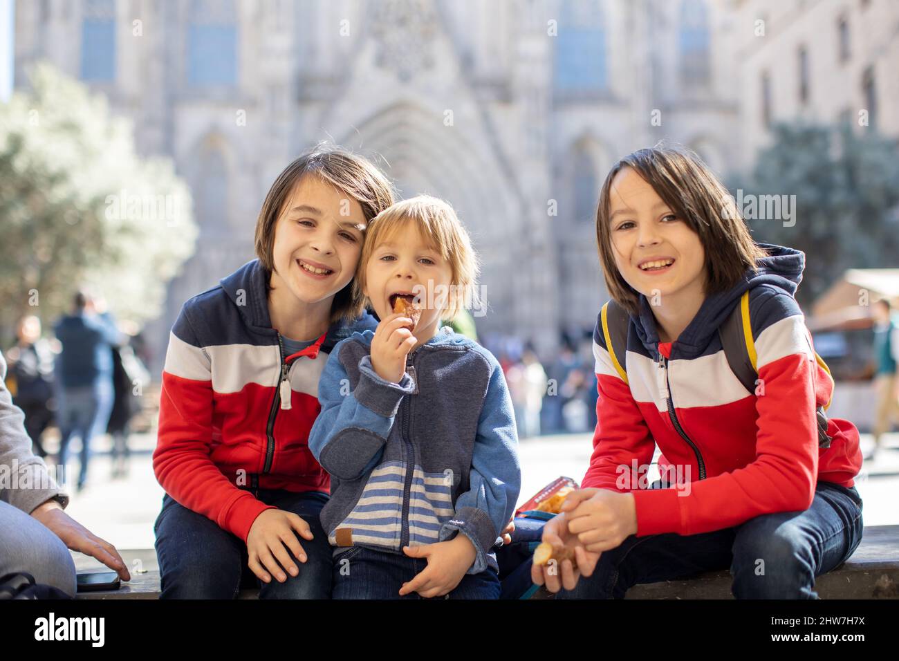 Cute little children tourists admiring Barcelona city, family travel ...