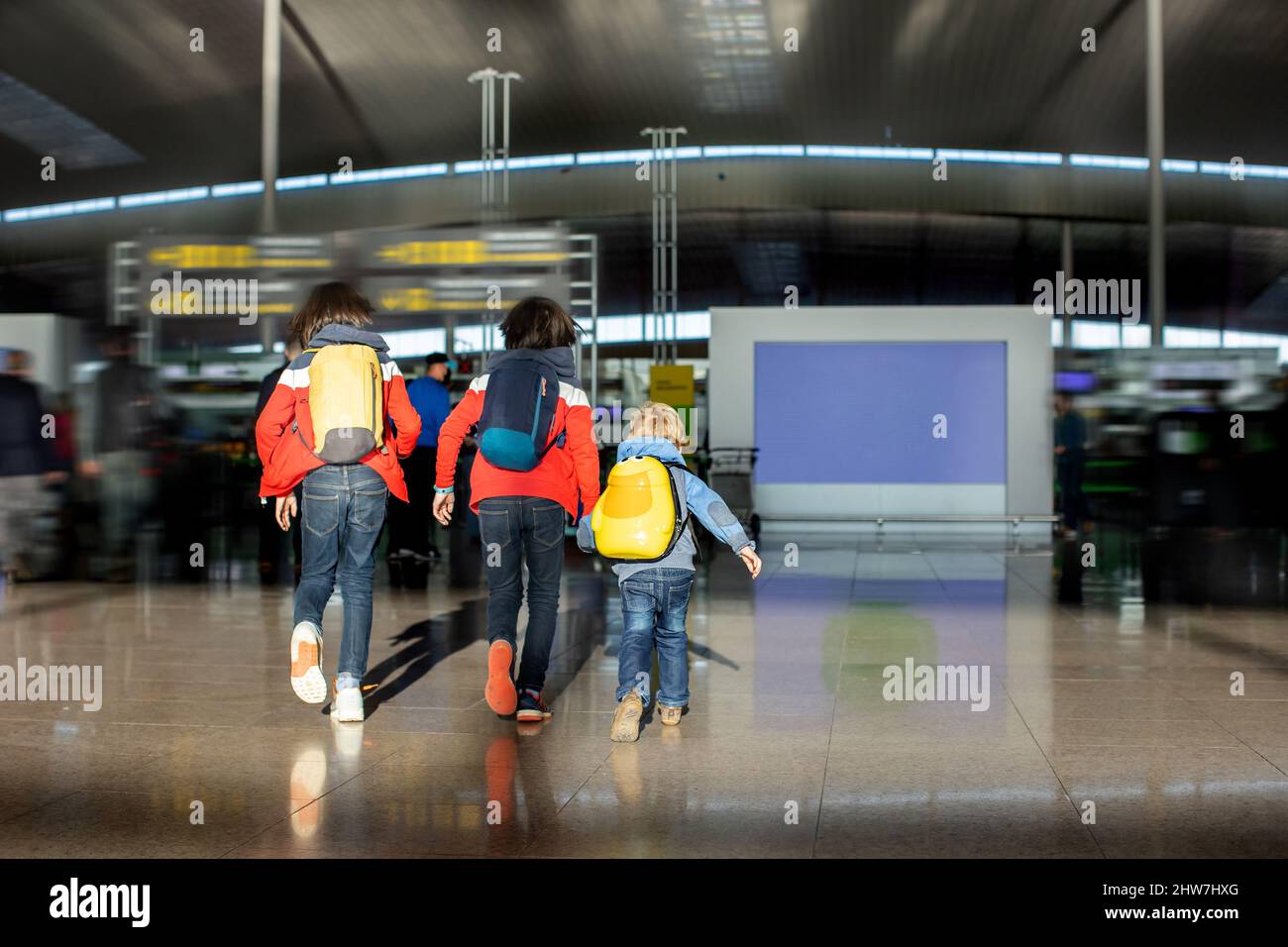 Kids, children, running late at the airport, people in a hurry to get ...