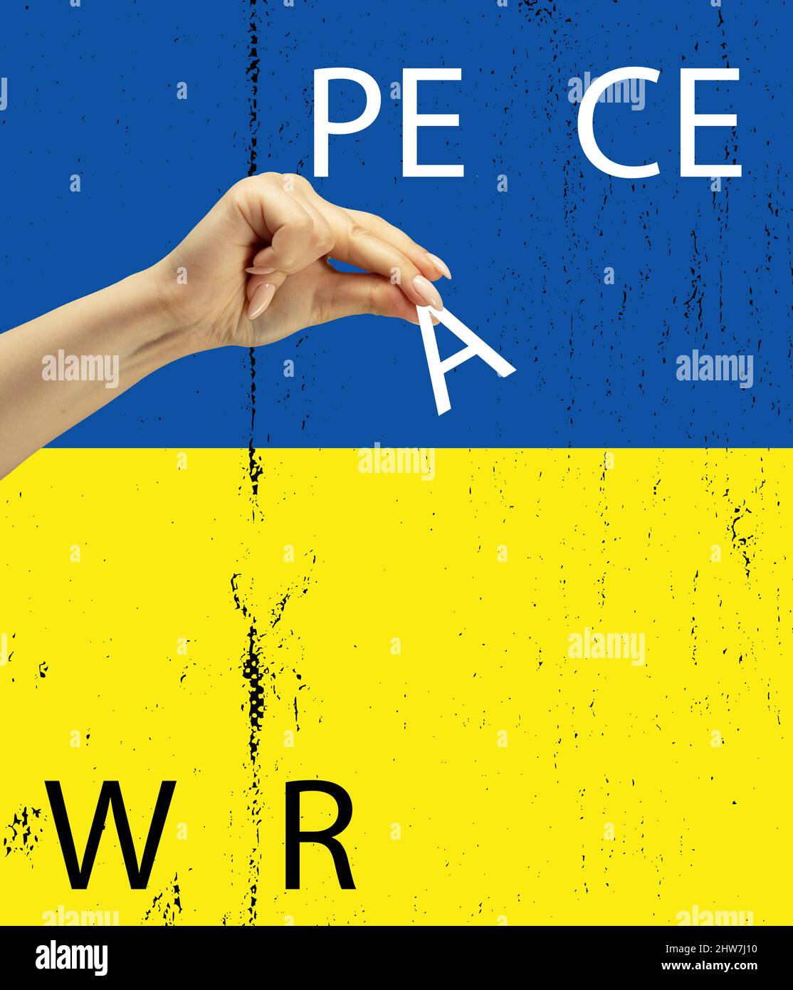 Conceptual collage with human hand holding letter a on blue yellow flag ...