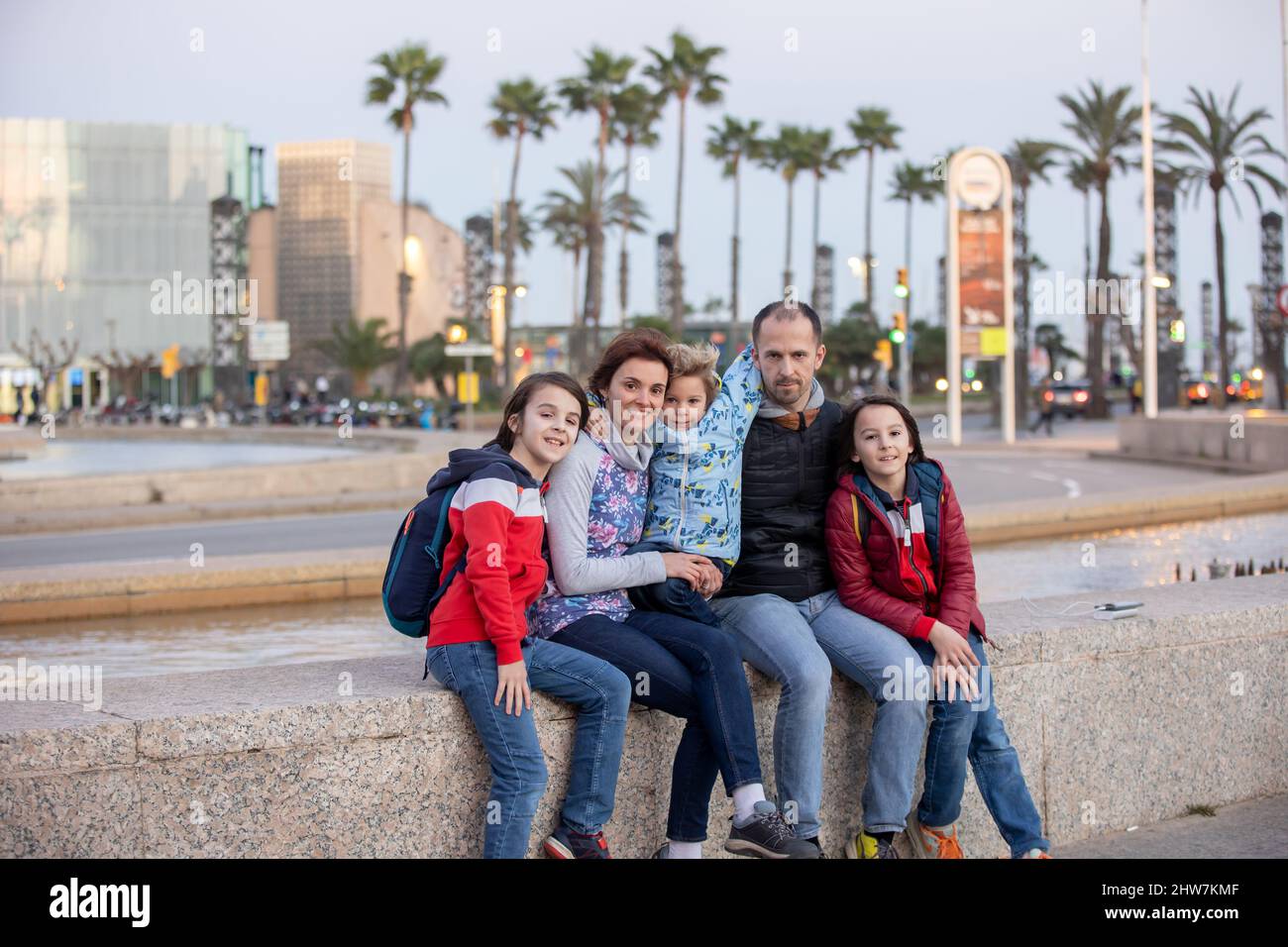 Cute little children tourists admiring Barcelona city, family travel ...