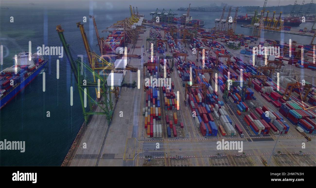 Image of statistics processing with lines over shipping yard in ...