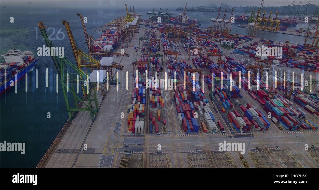 Image of statistics processing with lines over shipping yard in ...
