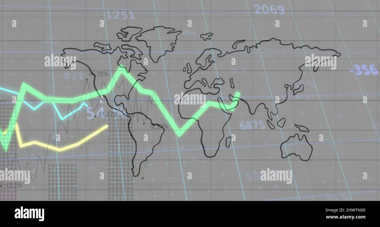 Image of statistics processing with lines over world map with grid on ...