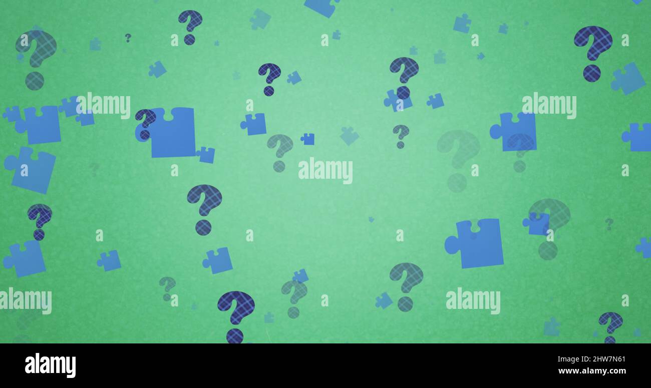 Image of puzzles and question marks floating over green background ...