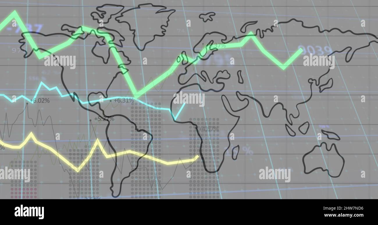 Image of statistics processing with lines over world map with grid on ...
