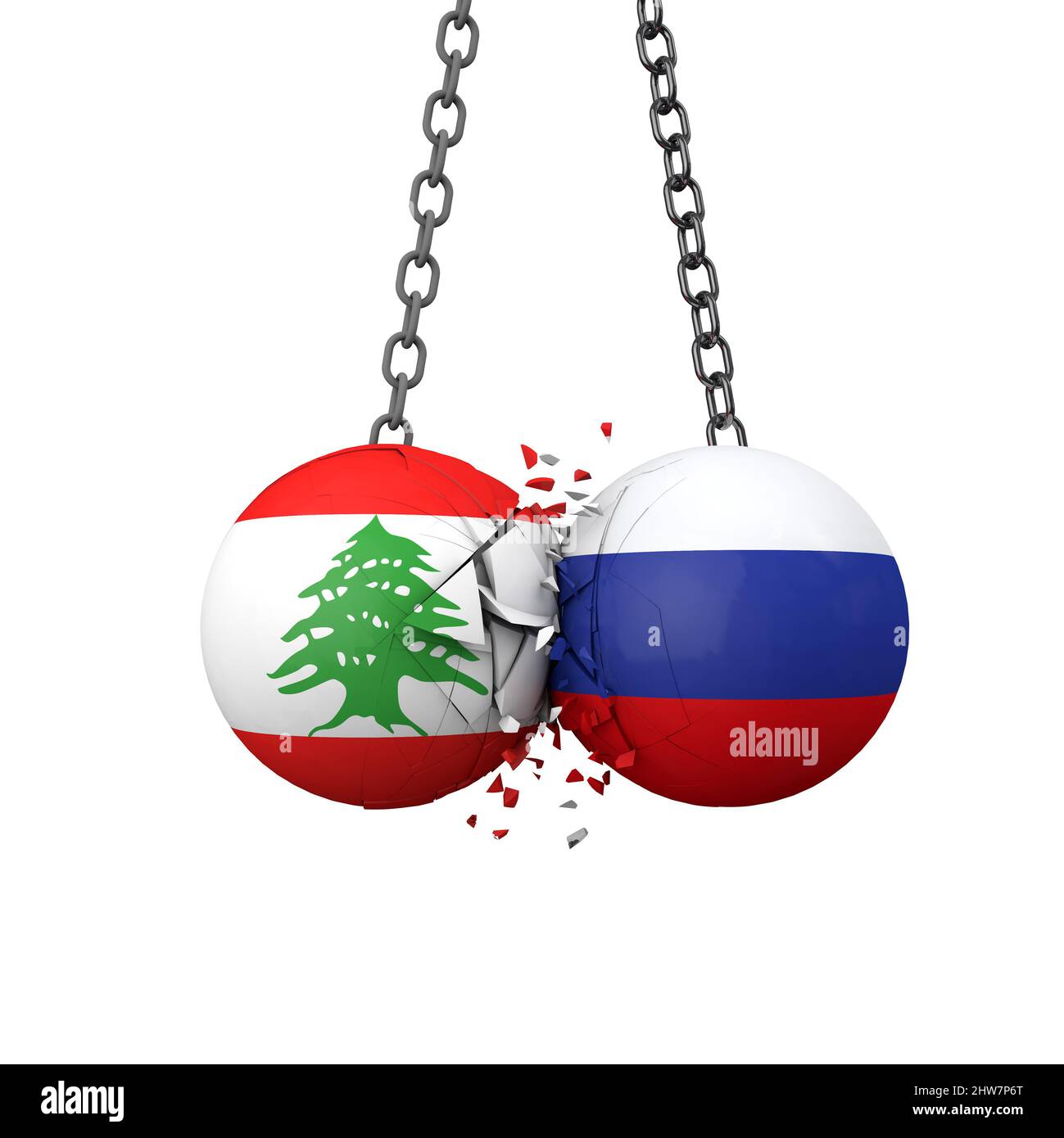 Russia and Lebanon political tensions concept. National flag wrecking ...