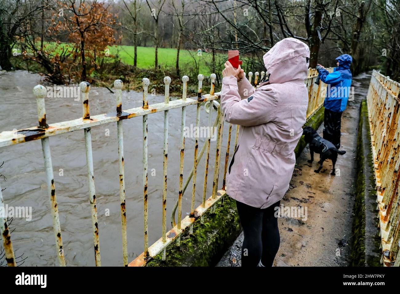 Flood tourist stood on a foot bridge photographing storm swollen River ...