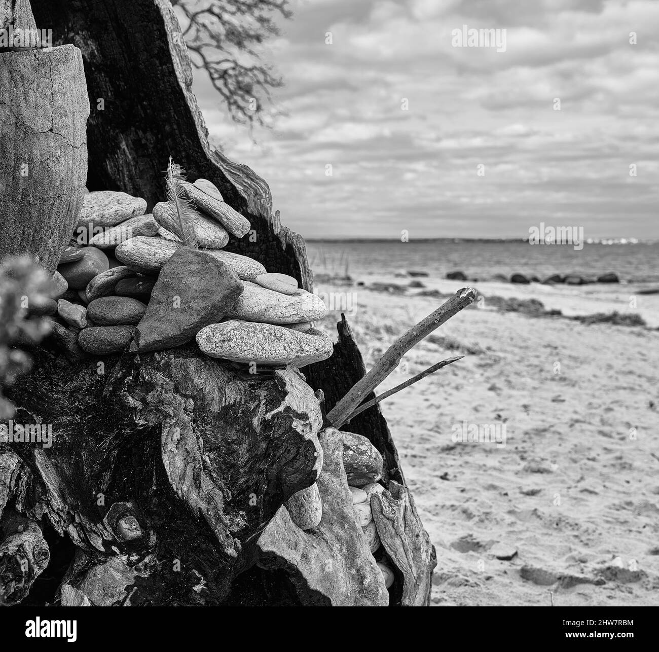 Grayscale close-up of beach rocks stacked on top of each other in the ...