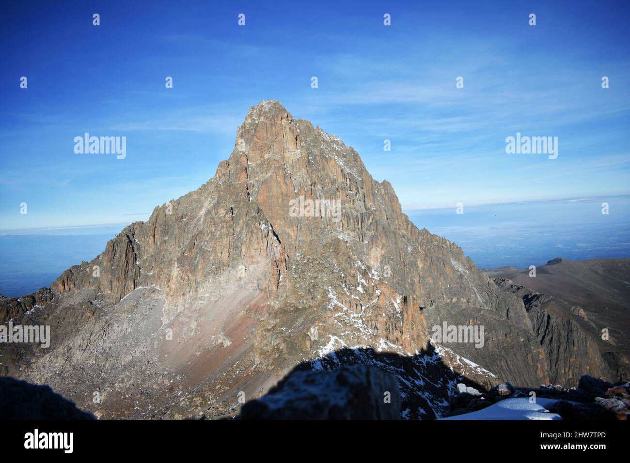 A scenic view of the peak of the mount Kenya with a sunlight on it ...
