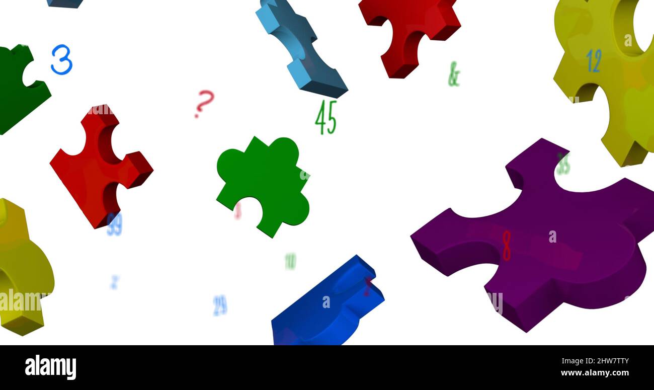 Image of puzzle pieces falling and numbers over white background Stock ...